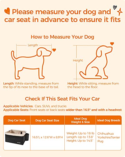 Feandrea Dog Car Seat, Pet Booster Seat for Small Dogs up to 18 lb, with Adjustable Straps, Removable Washable Fleece Liner, 4 Pockets, for Front Seats, Back Seats, Black and Beige UPBS042B01