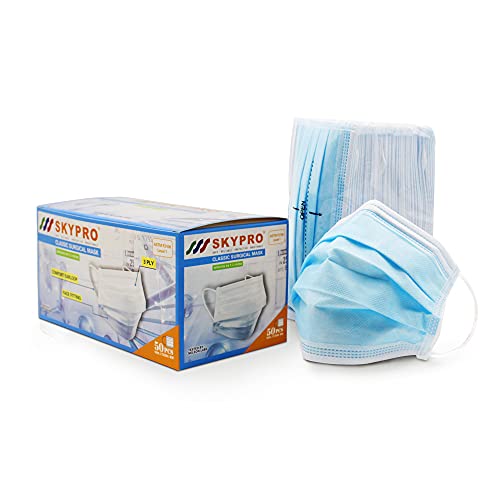 SKYPRO 50PCS Medical Grade Classic Masks, Adult 3 Ply Disposable Blue Face Masks with Elastic Ear Loop Filter Efficiency Greater than 99% Breathable