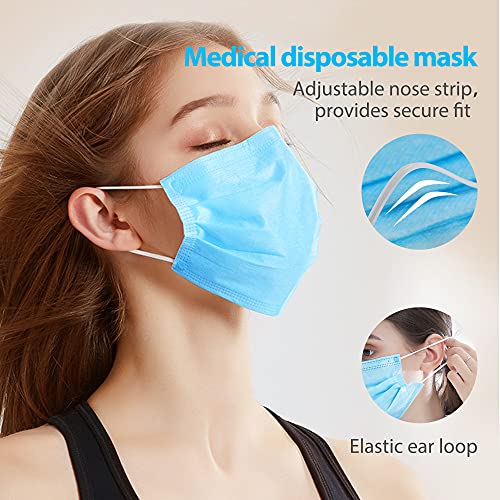 SKYPRO 50PCS Medical Grade Classic Masks, Adult 3 Ply Disposable Blue Face Masks with Elastic Ear Loop Filter Efficiency Greater than 99% Breathable