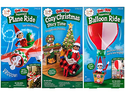 The Elf on the Shelf Scout Elves at Play Set: Cozy Christmas Story Time, Peppermint Plane Ride and Balloon Ride