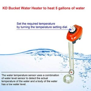 KD 1300W Immersion Bucket Water Heater, Auto Shutoff, Overheating Prevention, Auto Water Level Senor, Adjustable Thermostat, Easy-to-Use (RED / 1300 WATT)