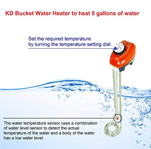 KD 1300W Immersion Bucket Water Heater, Auto Shutoff, Overheating Prevention, Auto Water Level Senor, Adjustable Thermostat, Easy-to-Use (RED / 1300 WATT)