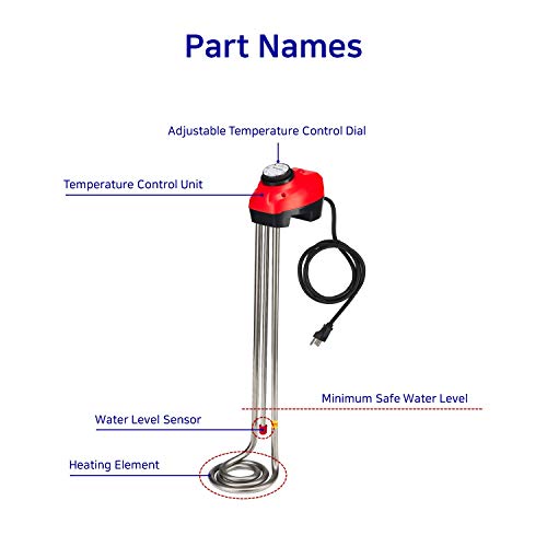 KD 1300W Immersion Bucket Water Heater, Auto Shutoff, Overheating Prevention, Auto Water Level Senor, Adjustable Thermostat, Easy-to-Use (RED / 1300 WATT)