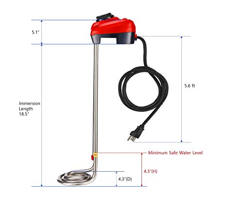 KD 1300W Immersion Bucket Water Heater, Auto Shutoff, Overheating Prevention, Auto Water Level Senor, Adjustable Thermostat, Easy-to-Use (RED / 1300 WATT)