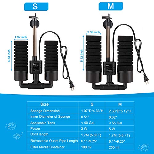 AQQA Aquarium Sponge Water Filter, Power Driven Double Biochemical Filter, Quiet Submersible Foam Filter with 2 Extra Sponges, 1 Bag of Filtered Ceramic Balls for Fresh and Salt Water Fish Tank (L)