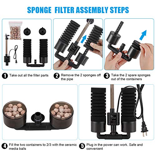 AQQA Aquarium Sponge Water Filter, Power Driven Double Biochemical Filter, Quiet Submersible Foam Filter with 2 Extra Sponges, 1 Bag of Filtered Ceramic Balls for Fresh and Salt Water Fish Tank (L)