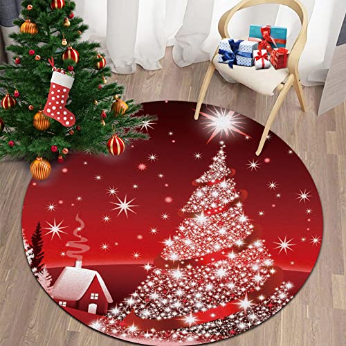 Round Area Rugs 5ft Christmas Tree Indoor Throw Runner Circle Rug Entryway Doormat Floor Carpet Pad Yoga Mat for Bedroom Living Room Cartoon Red Country Farmhouse