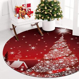 Round Area Rugs 5ft Christmas Tree Indoor Throw Runner Circle Rug Entryway Doormat Floor Carpet Pad Yoga Mat for Bedroom Living Room Cartoon Red Country Farmhouse