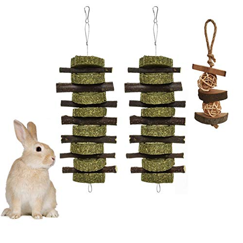 alfyng 3 PCS Bunny Chew Toys for Teeth Grinding, Organic Apple Wood Sticks Pet Snacks Chewing Playing Toys with Grass Cake for Rabbits, Chinchilla, Guinea Pigs, Hamsters and Other Small Animals