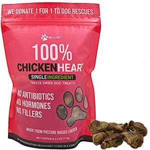 max and neo freeze dried chicken heart treats -single ingredient, pasture raised, antibiotic free, human grade chicken grown in the usa - we donate 1 for 1 to dog rescues for every product sold