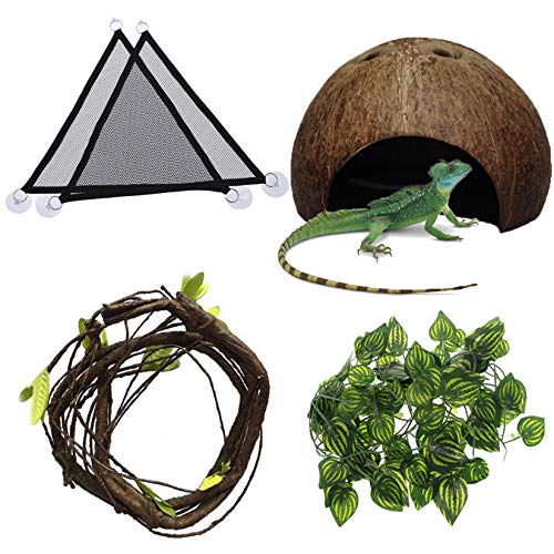 Hamiledyi Bearded Dragon Hammock Reptile Coconut Shell Bendable Jungle Climbing Vine and Leaves with Suction Cup Habitat Decor Accessories for Gecko Snakes Lizards and Chameleon（4Pcs）