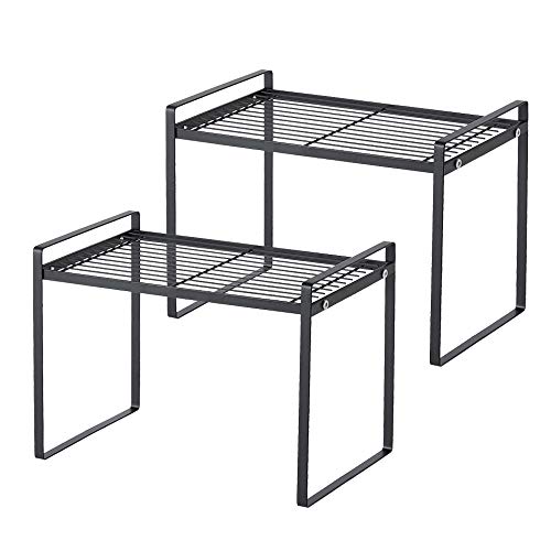 Aksipo 2 Pack Stackable Cabinet Shelf Cupboard Stand Spice Rack Pantry Shelf Kitchen Countertop Organizer Shelf, 13'' Sturdy Metal Frame Rust Resistant Nonslip Black