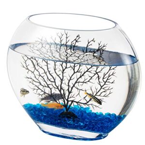 hygger mini glass oblate fish bowl kit, small fish tank comes with blue aquarium decor stones and plastic fan branch tree ornament