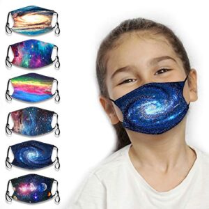 kids reusable face bandanas cute cartoon galaxy pattern breathable cloth face covering with adjustable ear loops for children uv protection -6 pack