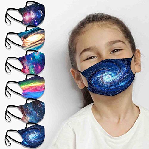 Kids Reusable Face Bandanas Cute Cartoon Galaxy Pattern Breathable Cloth Face Covering with Adjustable Ear Loops for Children UV Protection -6 Pack