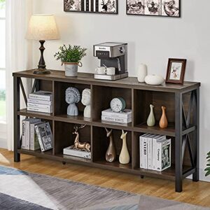 fatorri 8 cube storage organizer bookshelf, rustic wood cubby bookcase, industrial horizontal long shelf for living room (walnut brown, 62 inch)