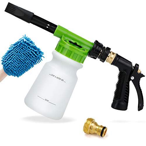 Ohuhu Car Wash Foam Gun, Car Wash Soap Sprayer with 3/8" Brass Connector & Car Washing Mitts, Dual Filtration, 6 Levels of Foam Concentration, Quick Connect to Most Garden Hose (Green)