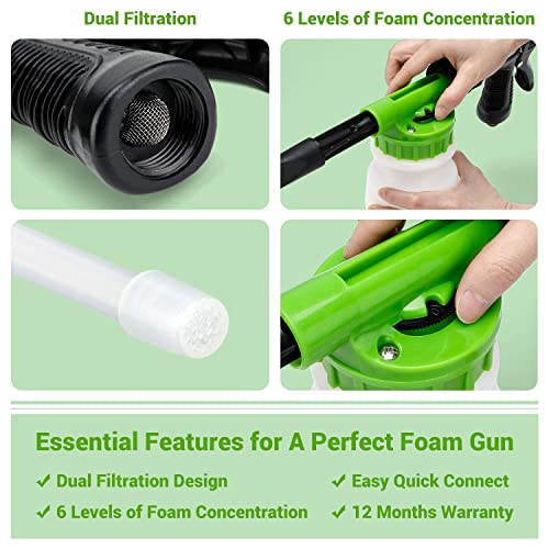 Ohuhu Car Wash Foam Gun, Car Wash Soap Sprayer with 3/8" Brass Connector & Car Washing Mitts, Dual Filtration, 6 Levels of Foam Concentration, Quick Connect to Most Garden Hose (Green)