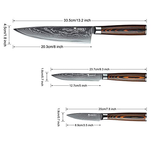 Jourmet 3PC Damascus Knife Set with Japanese VG10 Super Steel Core, Professional 67-layer Handmade PAKKA Wood Handle with S/S 430 Bolster