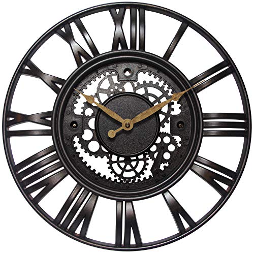 Infinity Instruments LTD. Roman Gear 15 inch Decorative Steampunk Industrial Exposed Gear Living Room Wall Clock Home Decor Designer Battery Operated (Black)