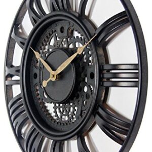 Infinity Instruments LTD. Roman Gear 15 inch Decorative Steampunk Industrial Exposed Gear Living Room Wall Clock Home Decor Designer Battery Operated (Black)