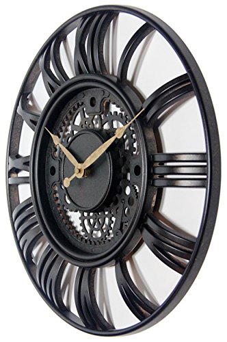 Infinity Instruments LTD. Roman Gear 15 inch Decorative Steampunk Industrial Exposed Gear Living Room Wall Clock Home Decor Designer Battery Operated (Black)