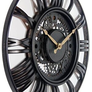 Infinity Instruments LTD. Roman Gear 15 inch Decorative Steampunk Industrial Exposed Gear Living Room Wall Clock Home Decor Designer Battery Operated (Black)