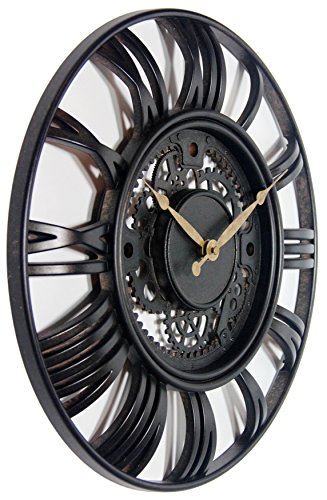 Infinity Instruments LTD. Roman Gear 15 inch Decorative Steampunk Industrial Exposed Gear Living Room Wall Clock Home Decor Designer Battery Operated (Black)