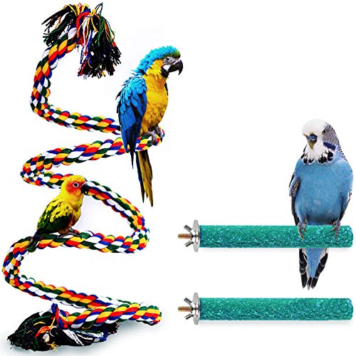 JIEZEE Bird Perch Stand Perch Birds Toys Rope Birds Ladder Platform Paw Grinding Stick Harness Cage Accessories for Parakeets Cockatiels Conures Macaw Budgie Lovebirds Finches Parrot [2+1] (L)