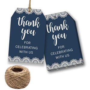 thank you for celebrating with us tags, 100pcs navy blue thank you gift tags for wedding, birthday, baby shower party favors, paper gift tags with 100 feet natural jute twine.