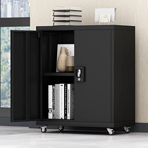 LUCYPAL Metal Storage Cabinets with Wheels,Lockable Steel Storage Cabinet with Doors and Shelves,Office Cabinet for Home,Office,Garage,Classroom,Black