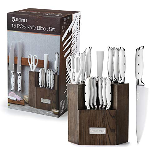 Jourmet 15PC Knife Block Set, High Carbon Stainless Steel Blade with Block and Knife Sharpener