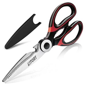 kitory kitchen shears multi-purpose kitchen scissors ultra sharp heavy duty sissors with sheath for poultry/chicken/fish/meat/veggies/office/bbq nut cracker bottle opener - red&black