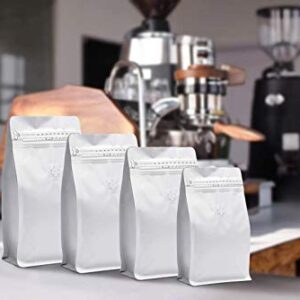 50 Pieces 4 Ounce White Kraft Paper Coffee Bags, Stand Up Coffee Pouches with One Way Degassing Valve and Reusable Side Zipper (Pull Tab to Open) Flat Bottom - Stand Up Well (4oz, 0.25lb, 100gram)