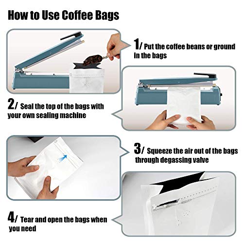 50 Pieces 4 Ounce White Kraft Paper Coffee Bags, Stand Up Coffee Pouches with One Way Degassing Valve and Reusable Side Zipper (Pull Tab to Open) Flat Bottom - Stand Up Well (4oz, 0.25lb, 100gram)