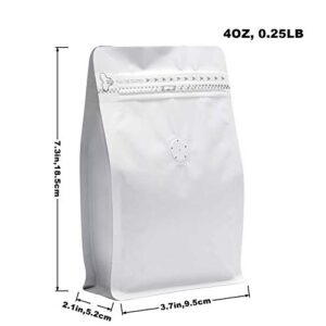 50 Pieces 4 Ounce White Kraft Paper Coffee Bags, Stand Up Coffee Pouches with One Way Degassing Valve and Reusable Side Zipper (Pull Tab to Open) Flat Bottom - Stand Up Well (4oz, 0.25lb, 100gram)