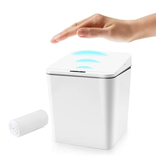 FEBHBRQ Touchless Mini Countertop Trash Can, Automatic Small Garbage Can for Office Desktop/Bedside Table/Coffee Bar/Bathroom Vanity, Cute Sensor/Electric Wastebasket with Lid for Kids, White-1.5 Gal