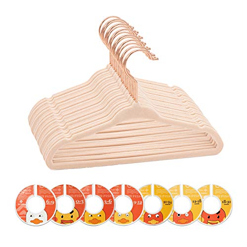 BBFISH Kids Velvet Hangers with Rose Gold Hooks, 50 Pack 11" Children Hangers Ultra Thin Non Slip Clothes Racks with 7 Pcs Baby Clothing Dividers (Ivory)