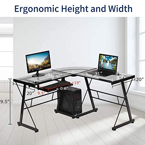 Reversible L-shaped Computer Corner Desk, Modern Toughened Glass L Shaped Round Corner Desk with Keyboard Tray & CPU Stand, PC Laptop Writing Gamer Workstation for Home Office Small Spaces (Clear)