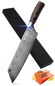 kitory kiritsuke chef knife 8" - japanese traditional kitchen knives for slicing meats and vegetables - ergonomic pakkawood handle - laser etched waved pattern