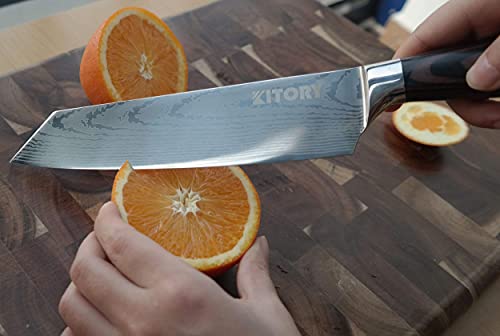 Kitory Kiritsuke Chef Knife 8" - Japanese Traditional Kitchen Knives for slicing meats and Vegetables - Ergonomic PakkaWood Handle - Laser Etched Waved Pattern