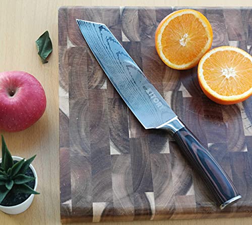 Kitory Kiritsuke Chef Knife 8" - Japanese Traditional Kitchen Knives for slicing meats and Vegetables - Ergonomic PakkaWood Handle - Laser Etched Waved Pattern