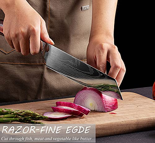 Kitory Kiritsuke Chef Knife 8" - Japanese Traditional Kitchen Knives for slicing meats and Vegetables - Ergonomic PakkaWood Handle - Laser Etched Waved Pattern