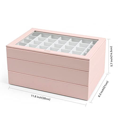 Vee Stackable Jewelry Tray for Drawer, High-Capacity Jewelry Drawer Dresser Storage Organizer for Earring, Ring, Necklace(3 pack with lid, Pink)