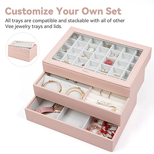 Vee Stackable Jewelry Tray for Drawer, High-Capacity Jewelry Drawer Dresser Storage Organizer for Earring, Ring, Necklace(3 pack with lid, Pink)