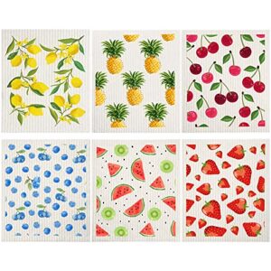 mixed fruit swedish kitchen dishcloths reusable dish towels absorbent and fast dry cleaning cloths for kitchen blueberry cherry strawberry lemon pineapple watermelon cleaning wipes (6 pieces)