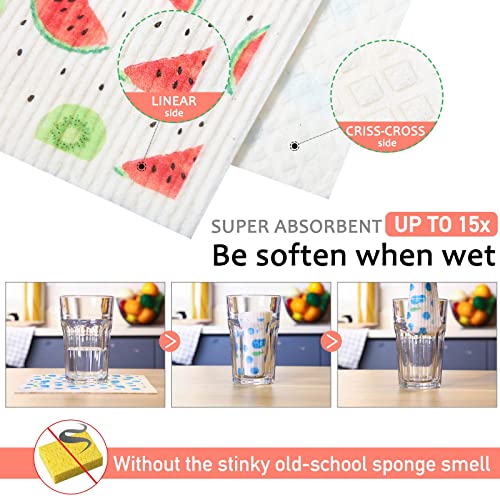 Mixed Fruit Swedish Kitchen Dishcloths Reusable Dish Towels Absorbent and Fast Dry Cleaning Cloths for Kitchen Blueberry Cherry Strawberry Lemon Pineapple Watermelon Cleaning Wipes (6 Pieces)