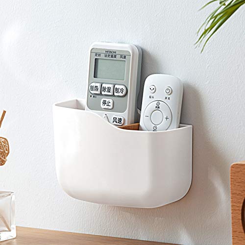 SUNFICON Adhesive Remote Control Holder Wall Mount Media Player Controller Holder Universal TV Remote Organizer Caddy Box Tray Hollow Bottom Slot Easy Phone Charging Home Office Desk Nightstand White