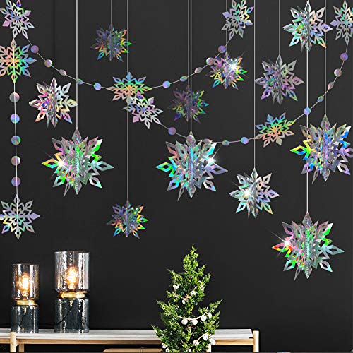 3D Iridescent Snowflake Decorations Holographic Snow Flakes Garland Winter Wonderland Frozen Theme Party Hanging Streamer Backdrop Decor Banner Christmas New Year Baby Shower Birthday Party Supplies