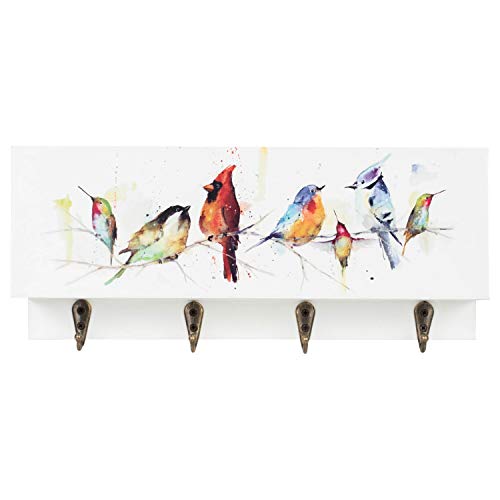 DEMDACO Dean Crouser Little Birds On A Branch Cardinal Nuthatch Bluejay Watercolor 10 x 4 Wood Mail Storage Organizer with Key Hooks